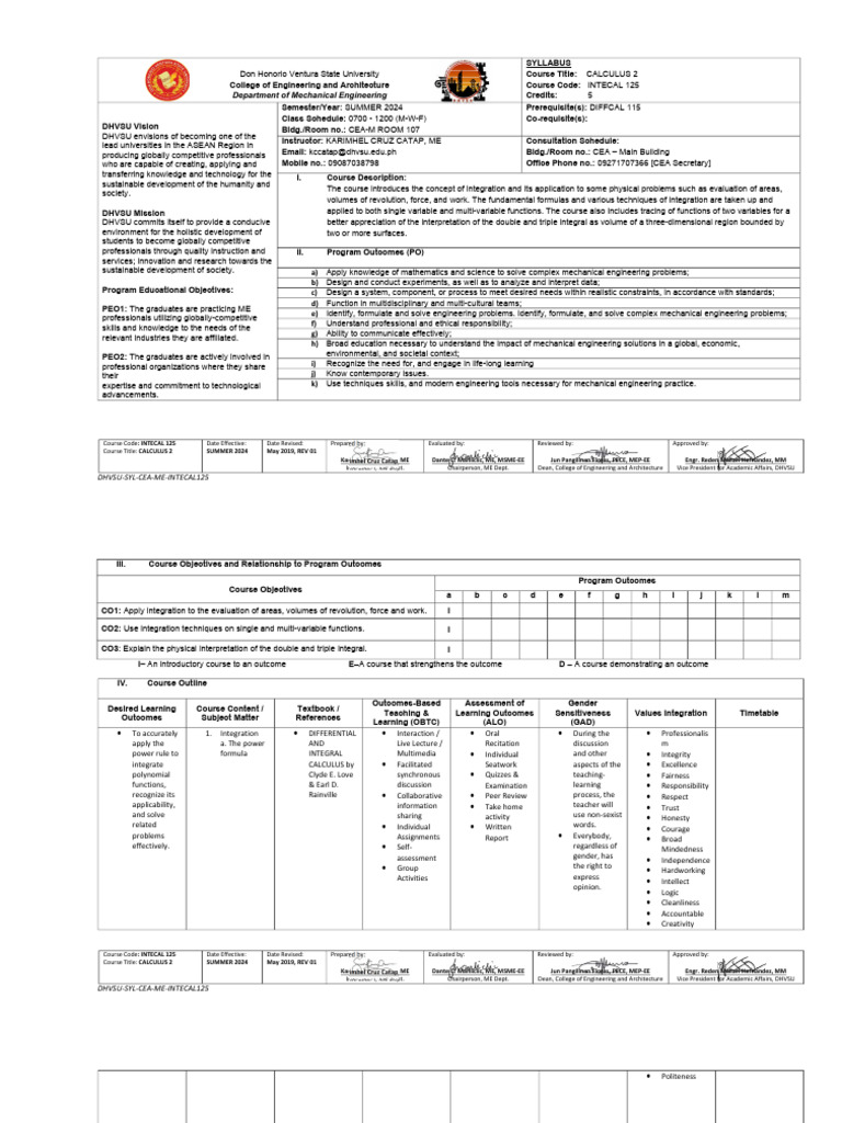 INTECAL125 - SYLLABUS | PDF | Integral | Engineering