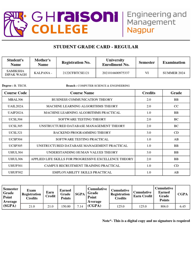 Student Grade Card - Regular | PDF | Information Technology | Computer ...