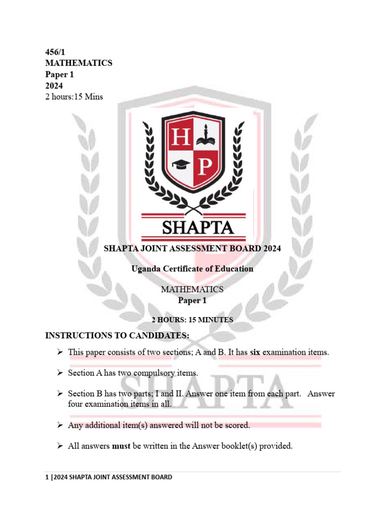 Shapta Uce Mathematics p1 2024 4 | PDF | Money