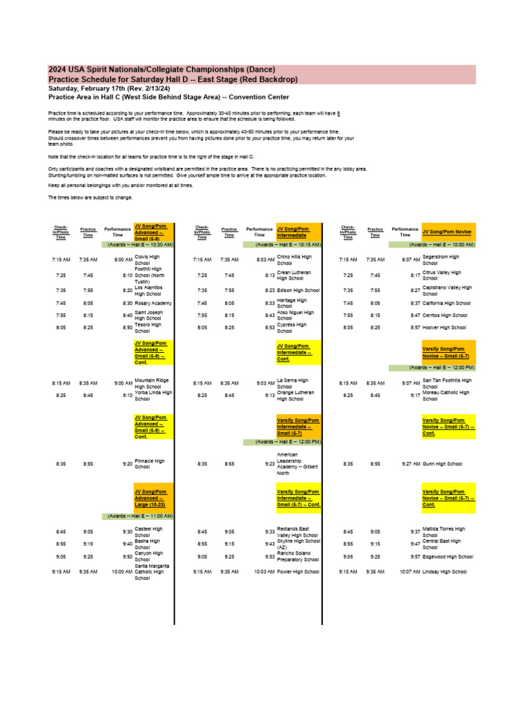 Saturday 2-17-24 Hall D East Stage Practice Schedule Rev 2 13 24 | PDF | Educational Institutions