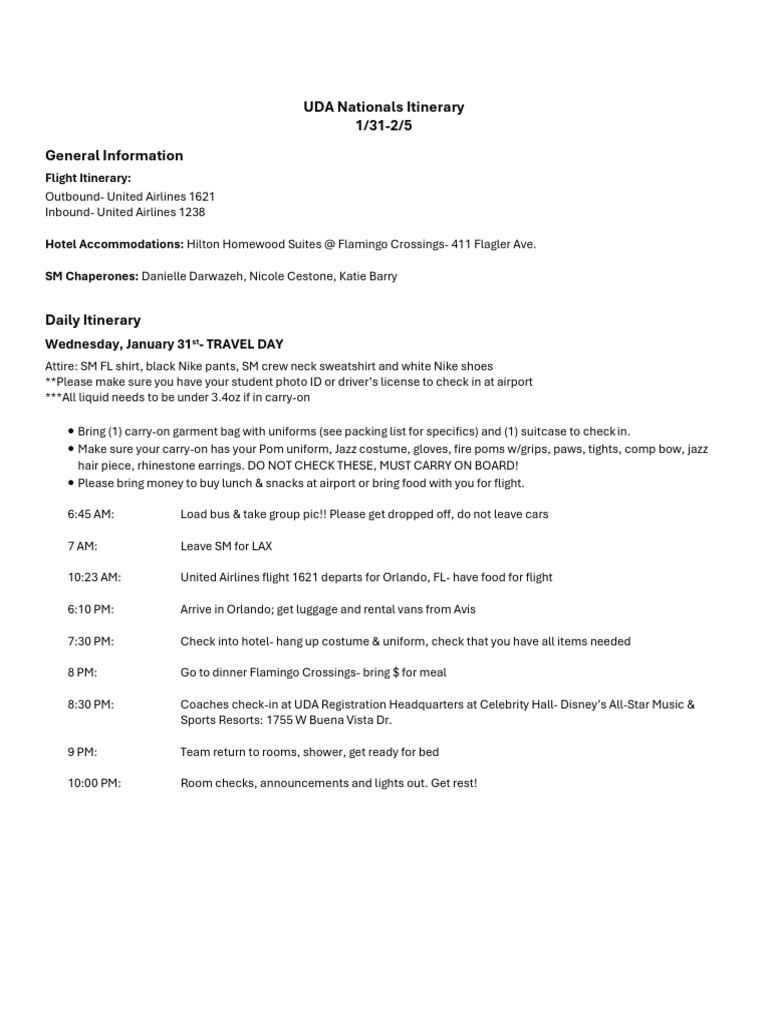 UDA Nationals Packing & Itinerary Guide | PDF | Art