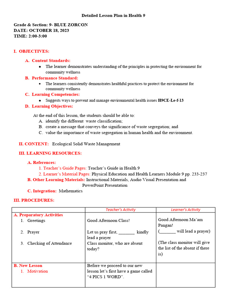 Ecological Waste Management Lesson Plan | PDF | Waste Management | Waste