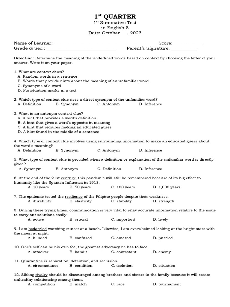 English 8 Q1 1st Summative | PDF | Books