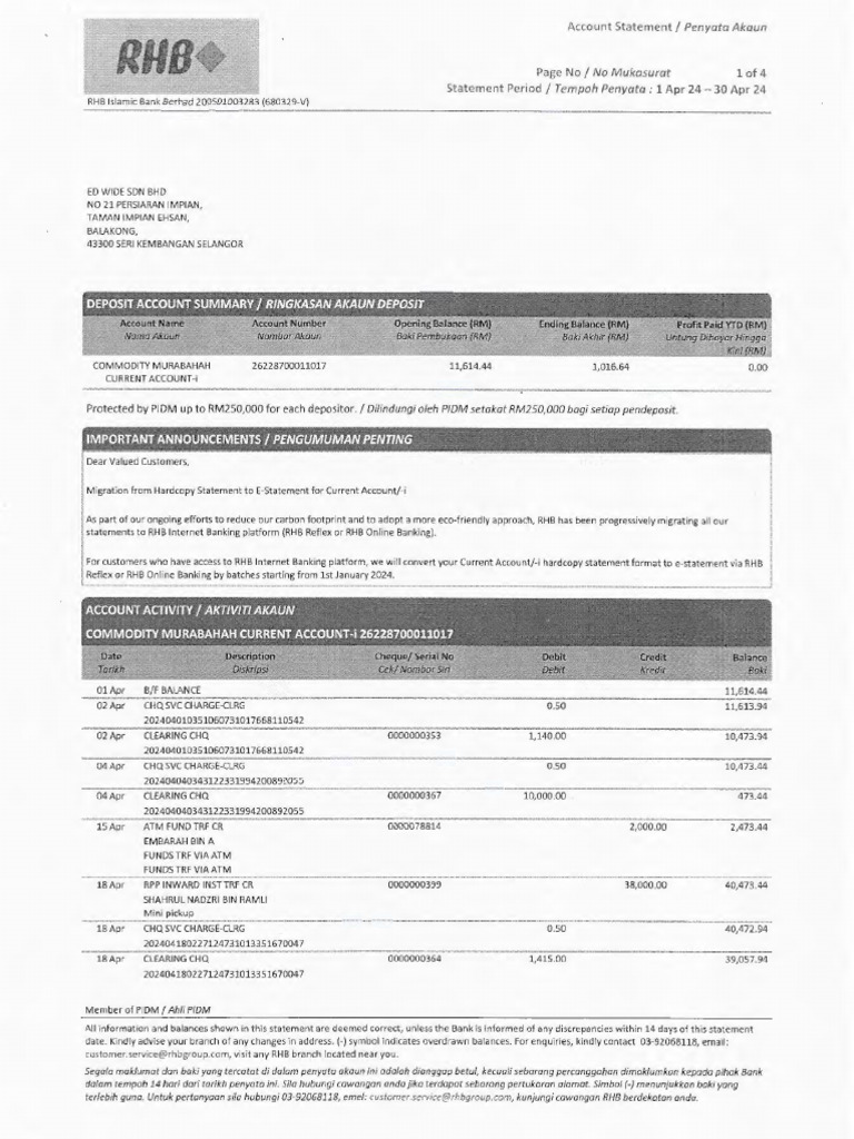RHB COMPANY CURRENT ACCOUNT STATEMENT - APR 2024 | PDF | Institutional ...