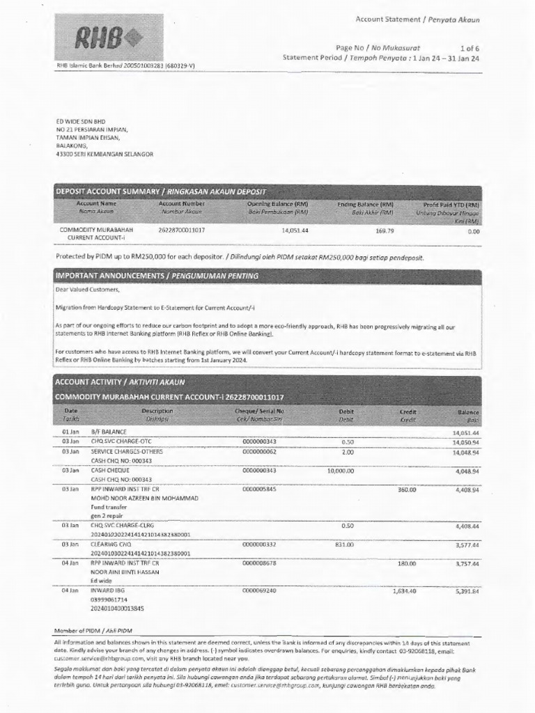 RHB Company Current Account Statement - Jan 2024 | PDF | Banks ...