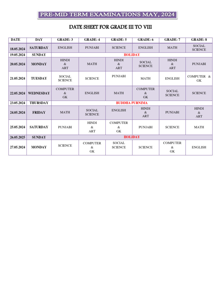 Date Sheet For 3rd To 8th | PDF
