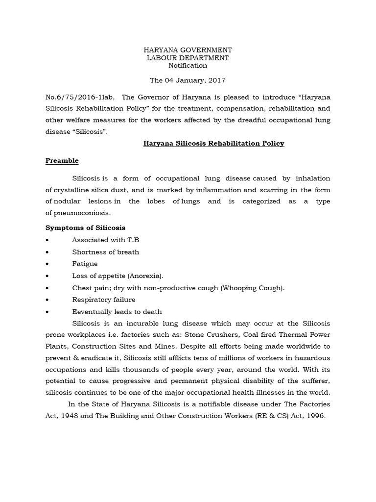 Haryana Silicosis Rehabilitation Policy (English) | PDF