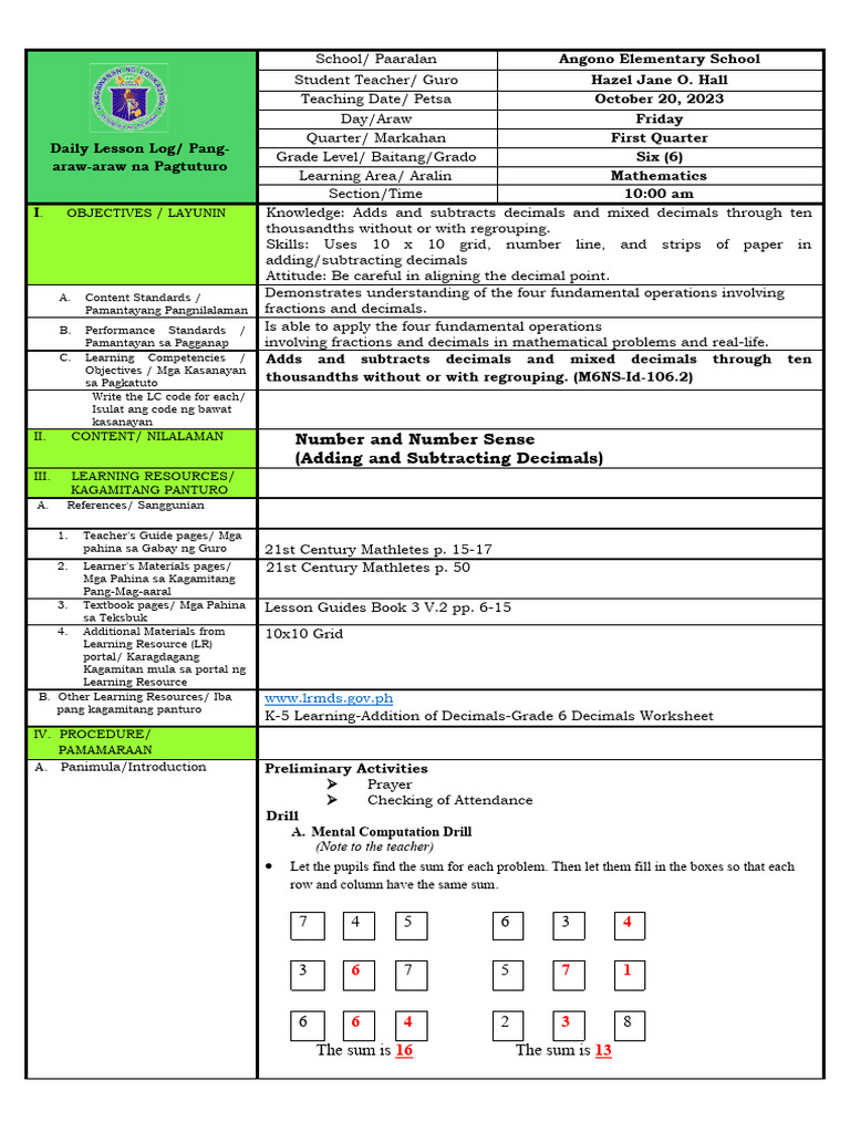 Co1 Lesson Plan Math October 20,2023 | PDF | Subtraction | Arithmetic