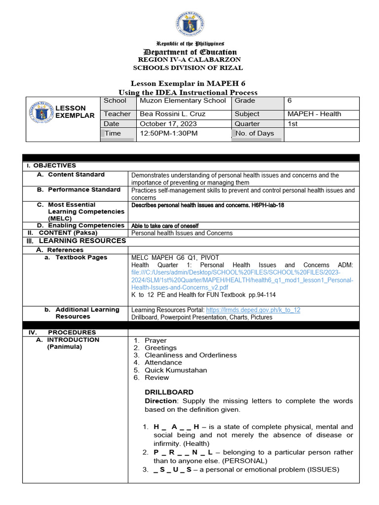 Lesson Exemplar in Mapeh Co1 Final | PDF | Oral Hygiene | Tooth