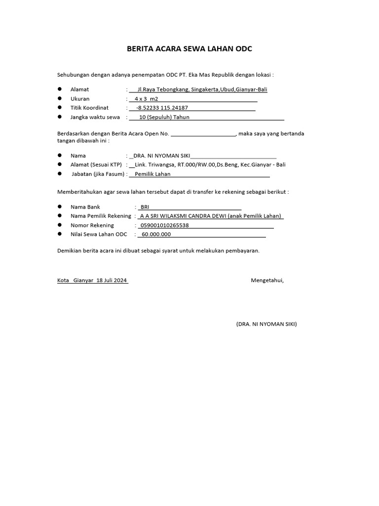 BERITA ACARA SEWA LAHAN ODC | PDF