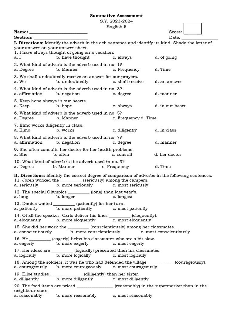 Summative Assessment in Grammar | PDF | Adverb | Language Mechanics