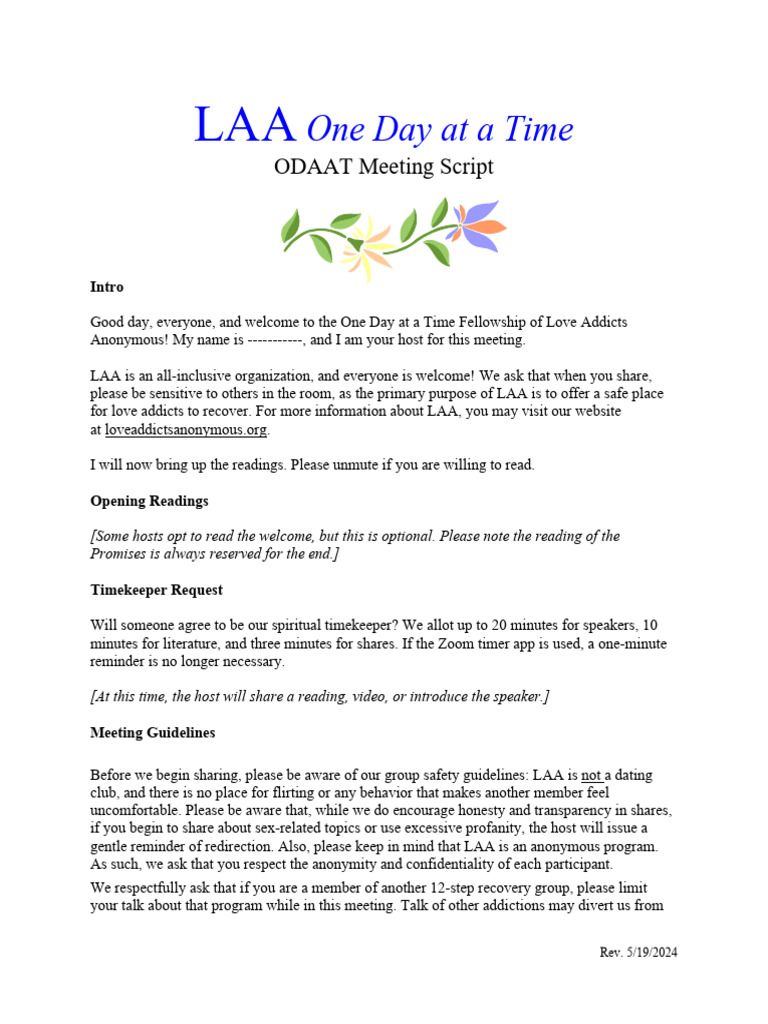 LAA Meeting Script Revised 20240519 | PDF | Twelve Step Program | Prayer