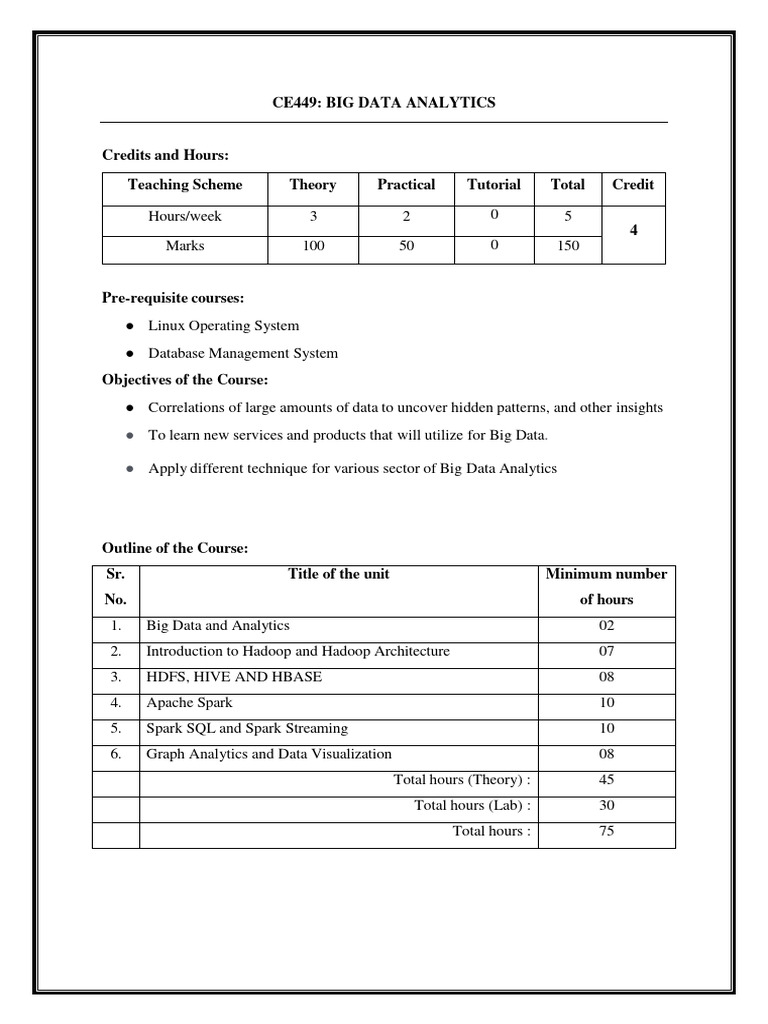2024 25 ODD CE449 BDA Syllabus | PDF | Apache Spark | Big Data