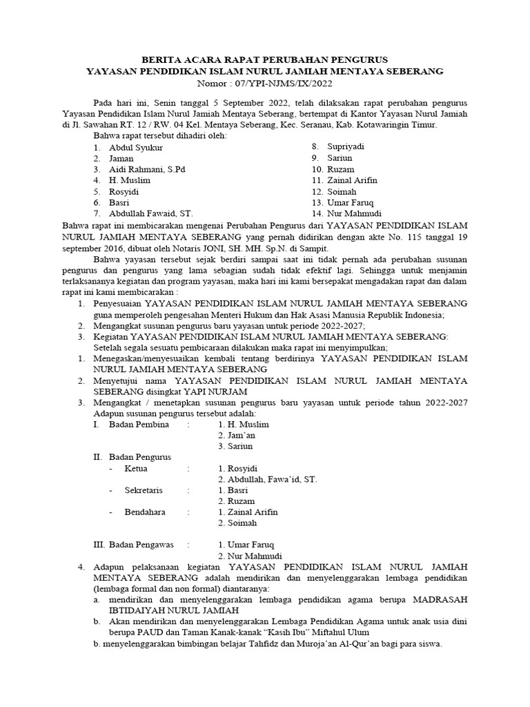 Berita Acara Rapat Perubahan Pengurus | PDF