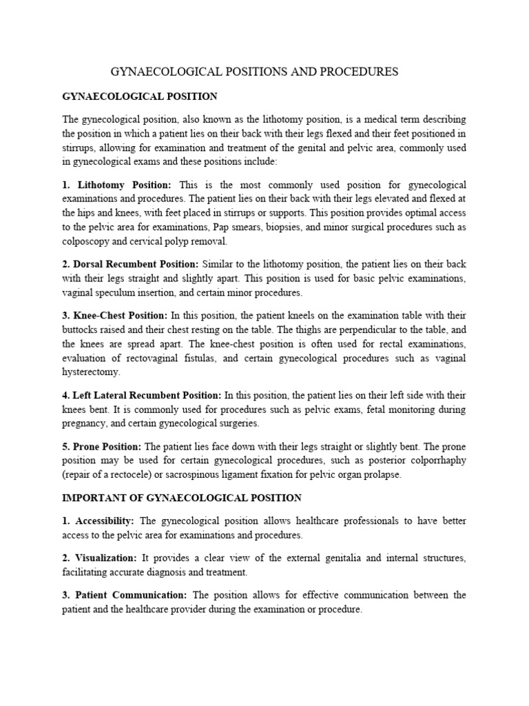 Gynaecoloical Position and Procedure | PDF | Gynaecology | Human Reproduction