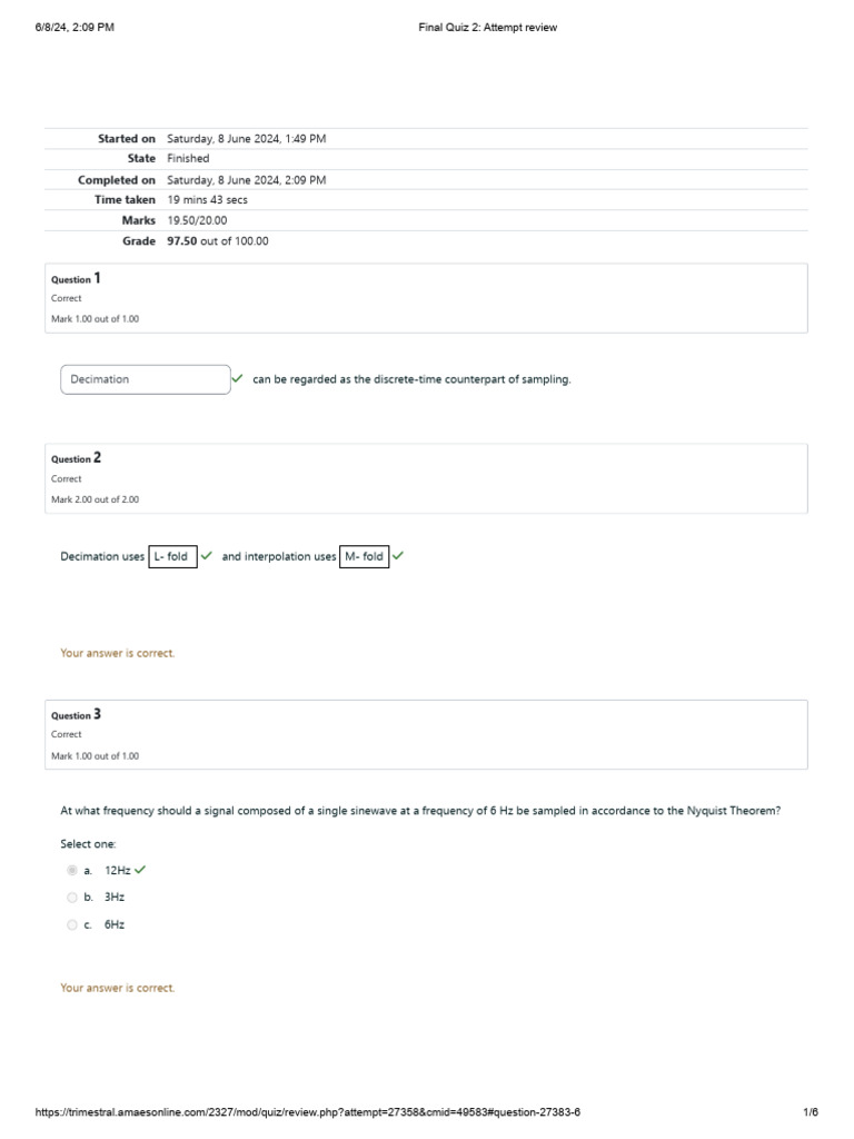 Final Quiz 2 - Attempt Review | PDF | Sampling (Signal Processing) | Filter (Signal Processing)