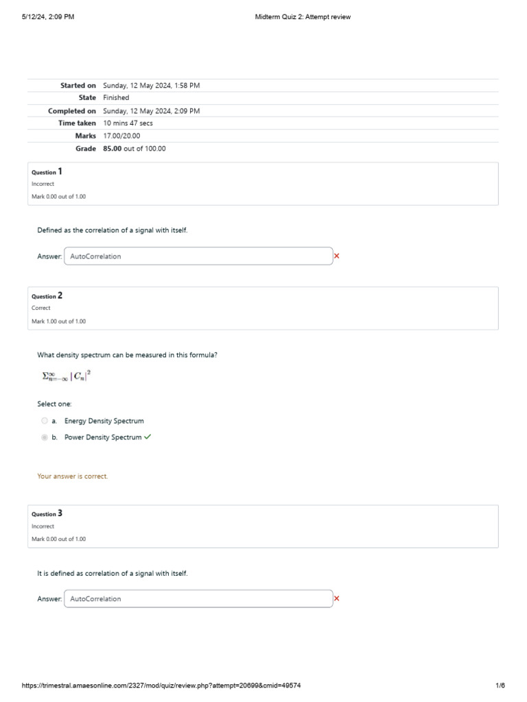 Midterm Quiz 2_ Attempt review | PDF | Spectral Density | Convolution