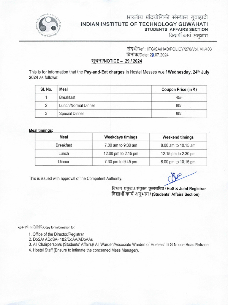 IIT Guwahati Hostel Mess Timings & Fees | PDF | Meal | Eating Behaviors Of Humans