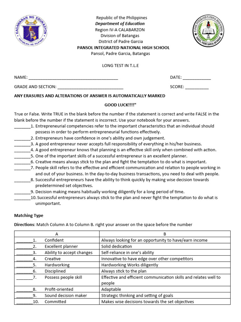1st Long Test PECS and SWOT | PDF | Entrepreneurship | Swot Analysis