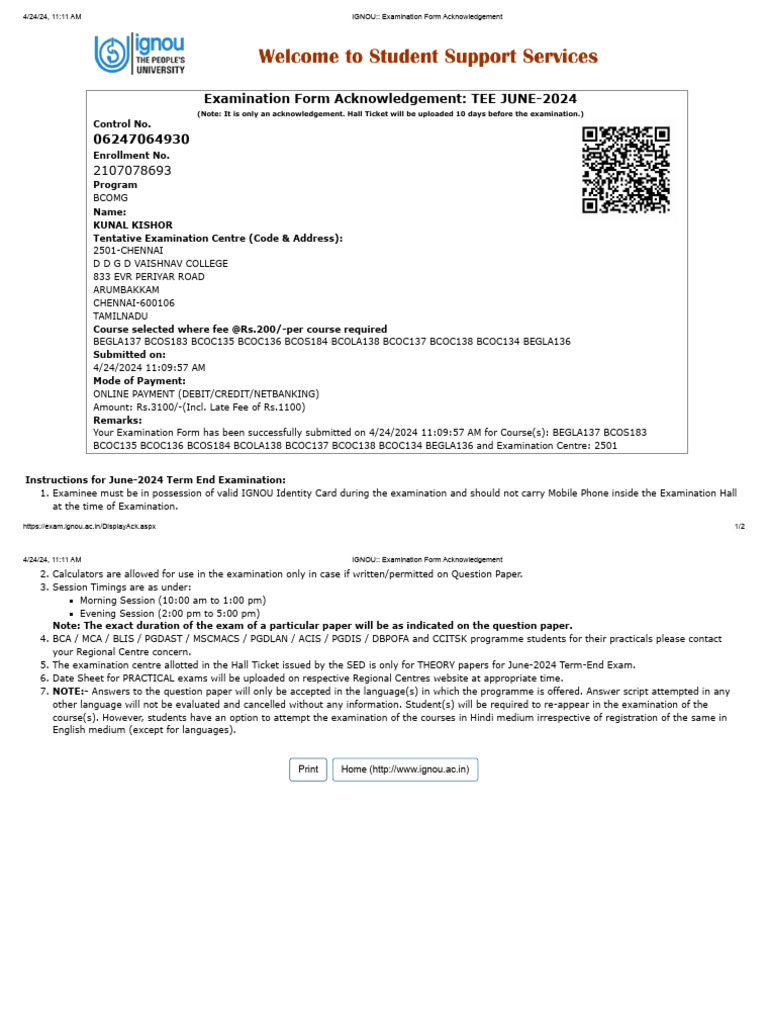 IGNOU - Examination Form Acknowledgement | PDF | Payments | Banking ...