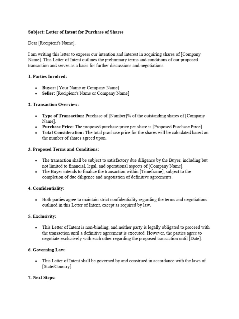 Letter of Intent For Purchase of Shares | PDF | Due Diligence | Procurement