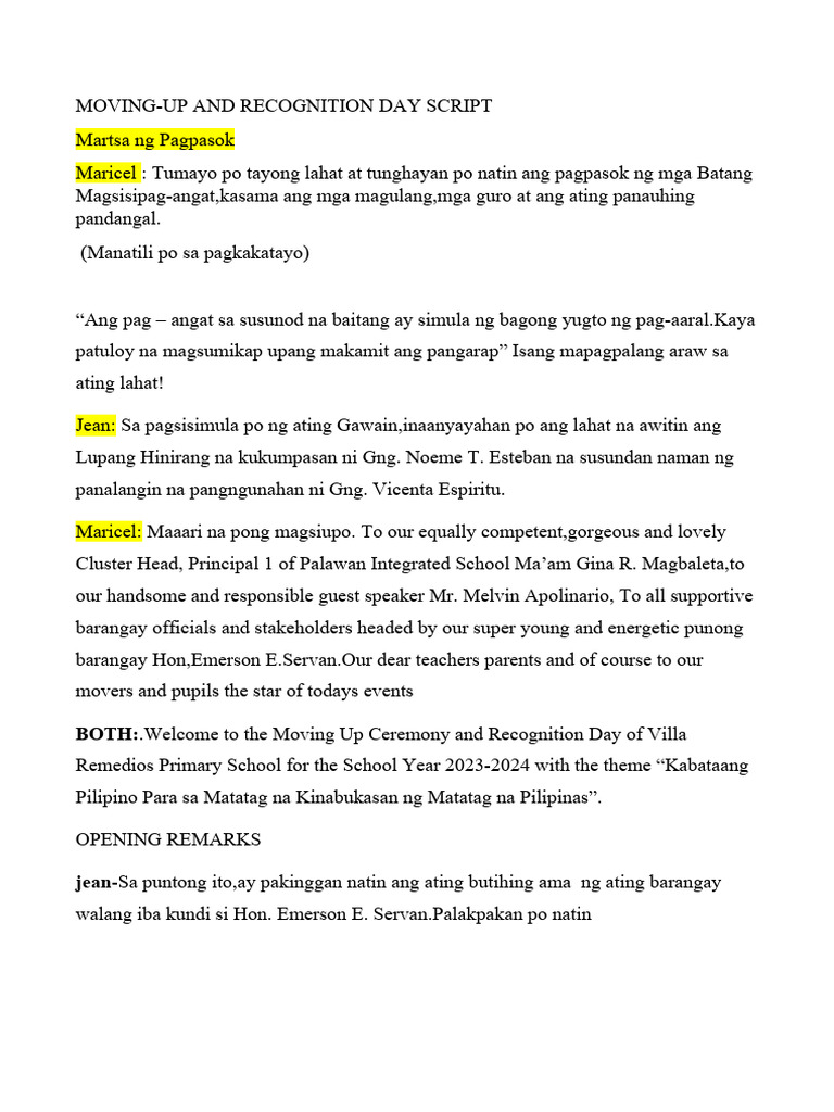 Moving Up and Recognition Day Script Edited | PDF | Wellness