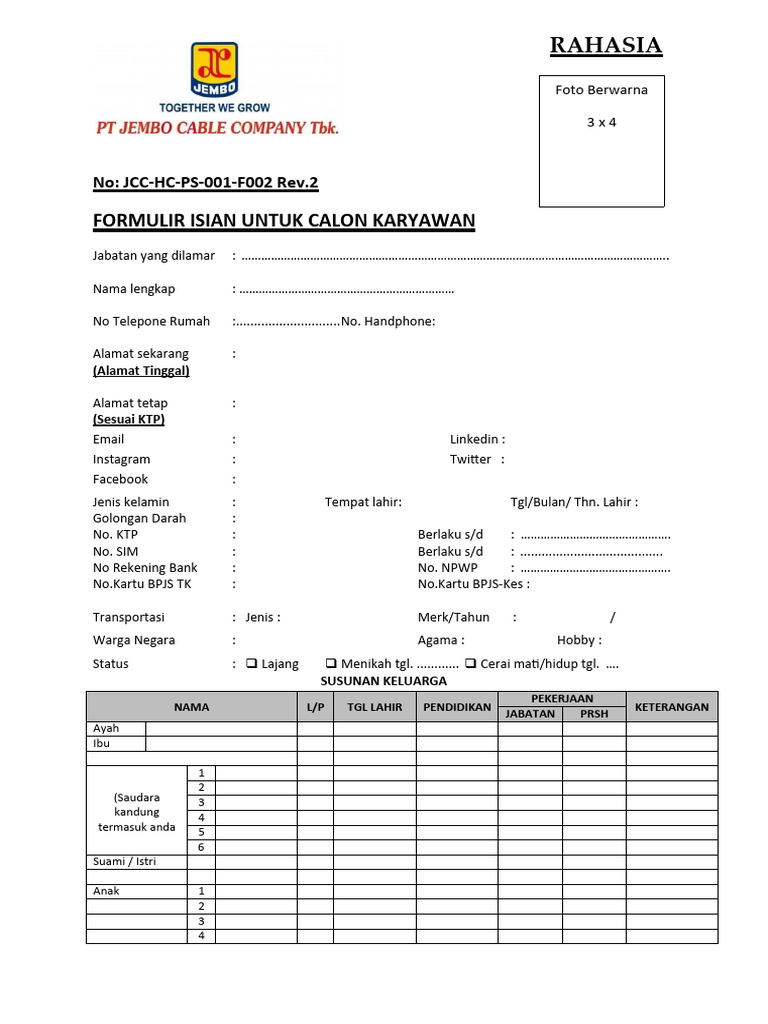 Form Isian Calon Karyawan Jembo Cable 2024 | PDF