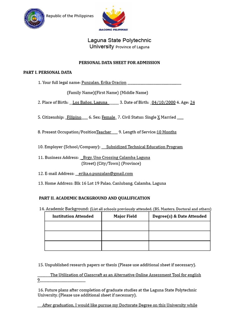 LSPU LB CTE GSAR Form 5 Personal Data Sheet For Admission | PDF | Wellness