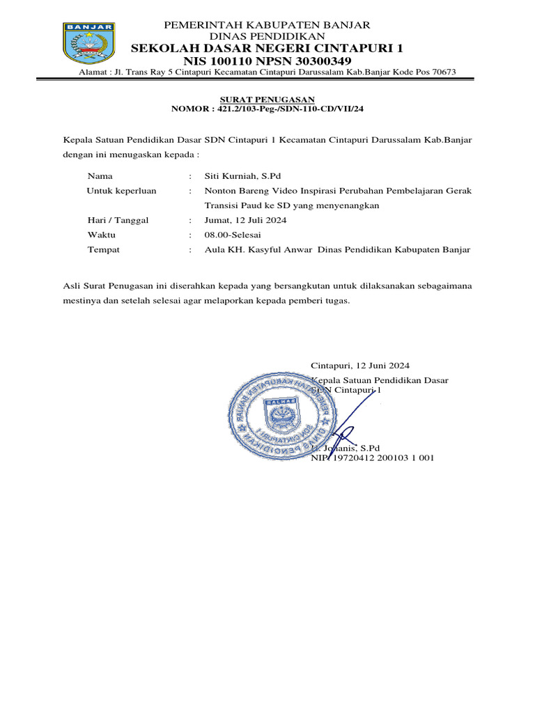 Surat Tugas & SPPD Siti, Nobar Transisi SD Ke Paud | PDF