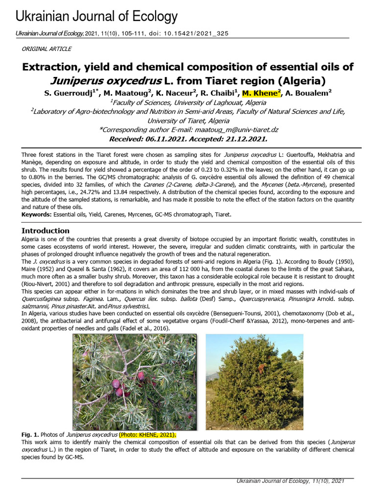 Extraction Yield and Chemical Composition of Essential Oils of Juniperus Oxycedrus L From Tiaret ...