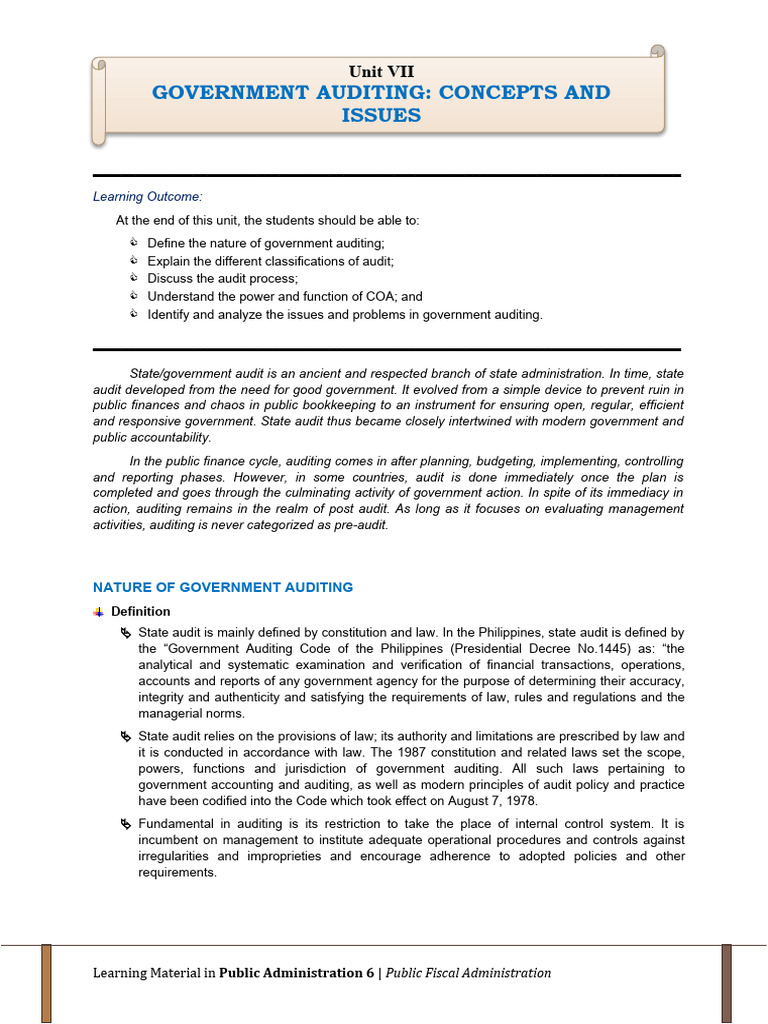 Unit 7 Government Auditing Concepts Issues | PDF | Audit | Internal Control
