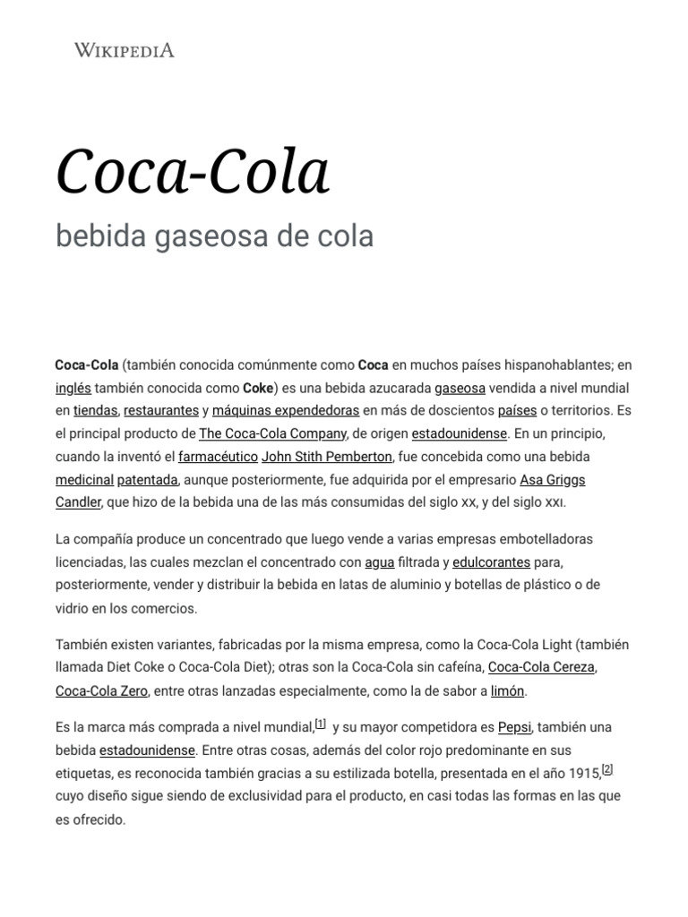 Coca-Cola - Wikipedia, La Enciclopedia Libre | PDF | Coca Cola | Refresco