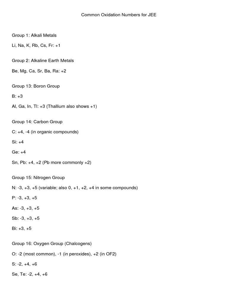 Common Oxidation Numbers Overview | PDF | Teaching Methods & Materials ...
