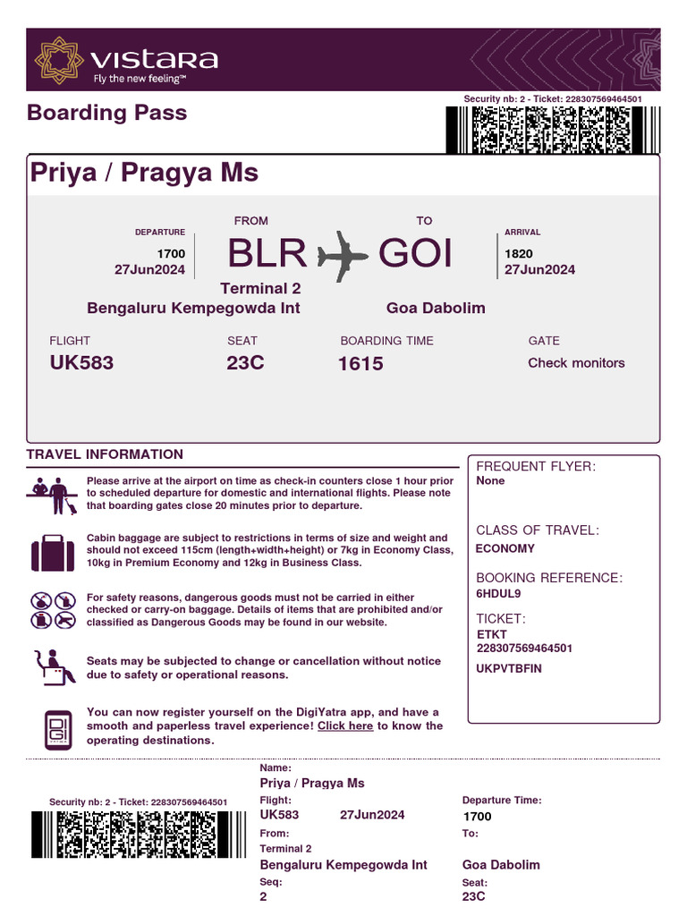 Your Boarding Pass to Goa - VISTARA | PDF | Airlines | Civil Aviation
