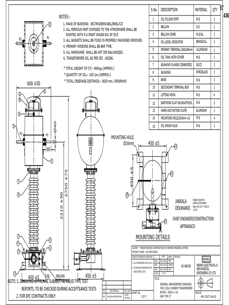 132 KV Live Tank Bar Type Feeder CT of Ratio 600 of Mehru Make | PDF ...