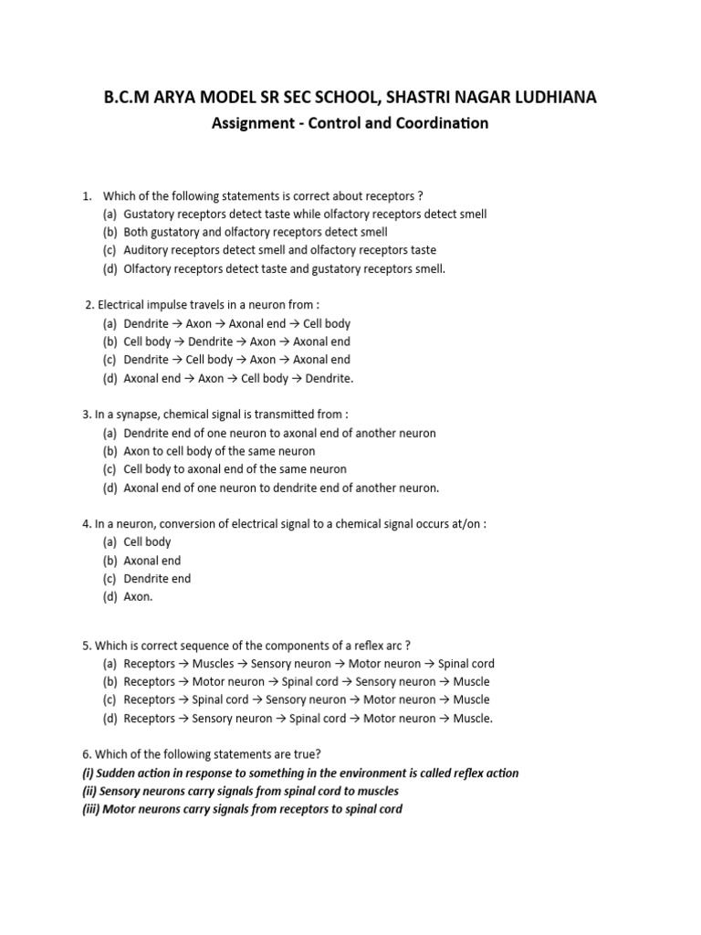 Assignment - Control and Coordination | PDF | Neuron | Axon