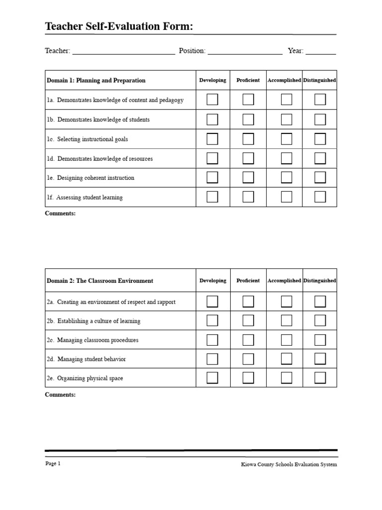 Teacher Self-Evaluation Form | PDF | Art | Wellness