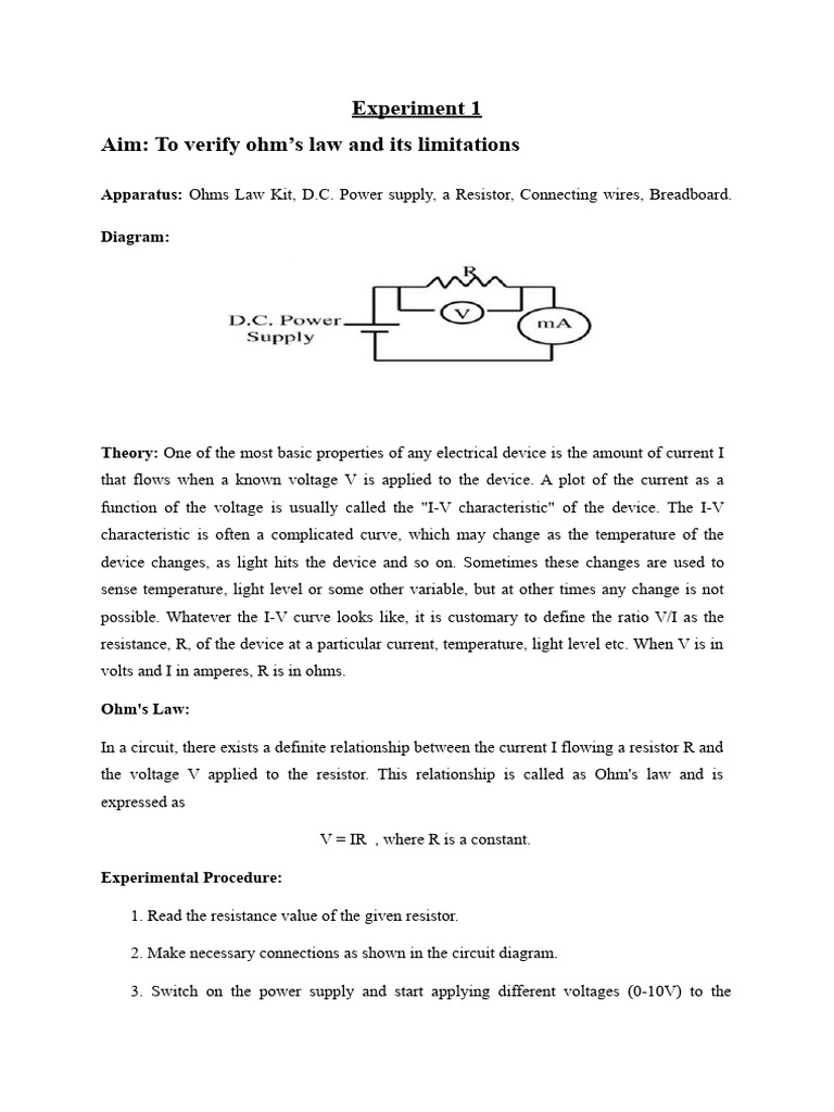 BEEE Experiment 1 | PDF | Electrical Resistance And Conductance | Voltage