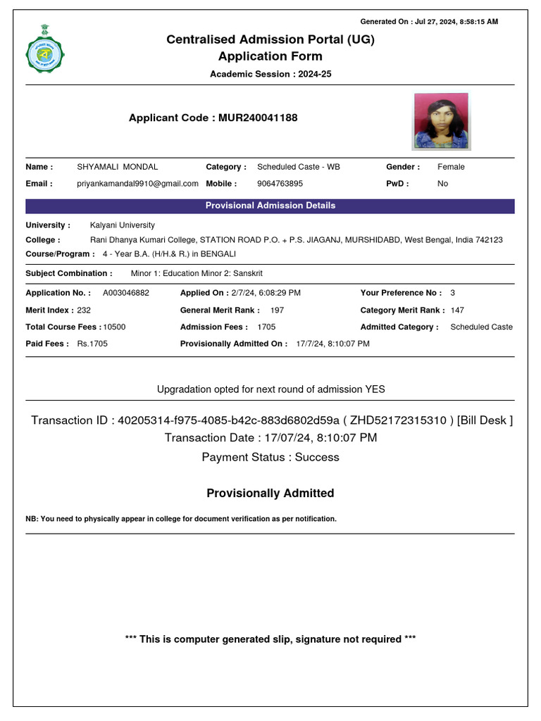MUR240041188 Provisional Admission Receipt | PDF