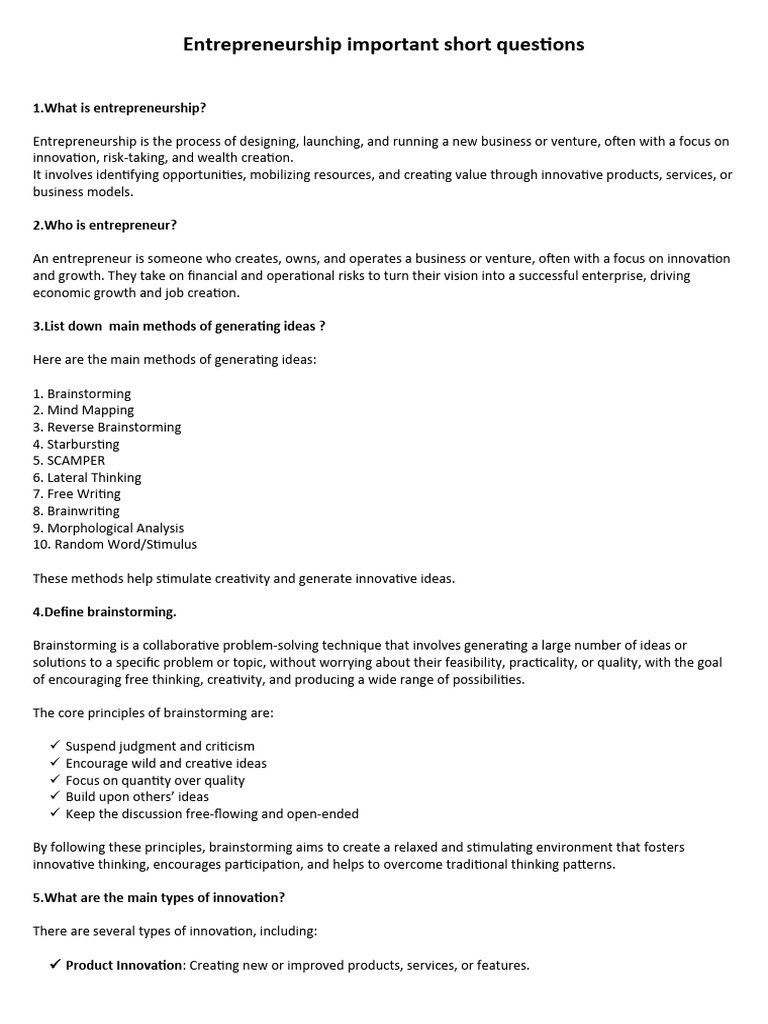 Entrepreneurship Important Short Questions | PDF | Innovation | Marketing