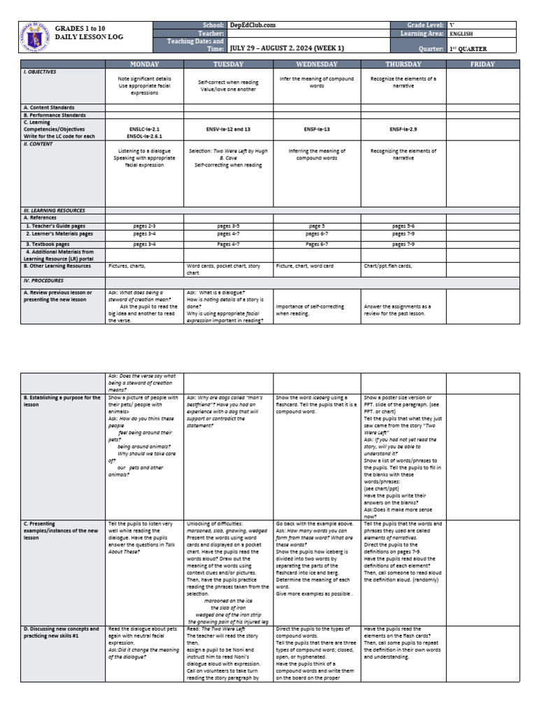 DLL - English 5 - Q1 - W1 | PDF | Learning | Word