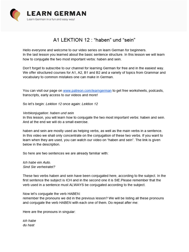 A1 - Lektion 12 - Haben and Sein | PDF | Grammatical Conjugation | Subject (Grammar)