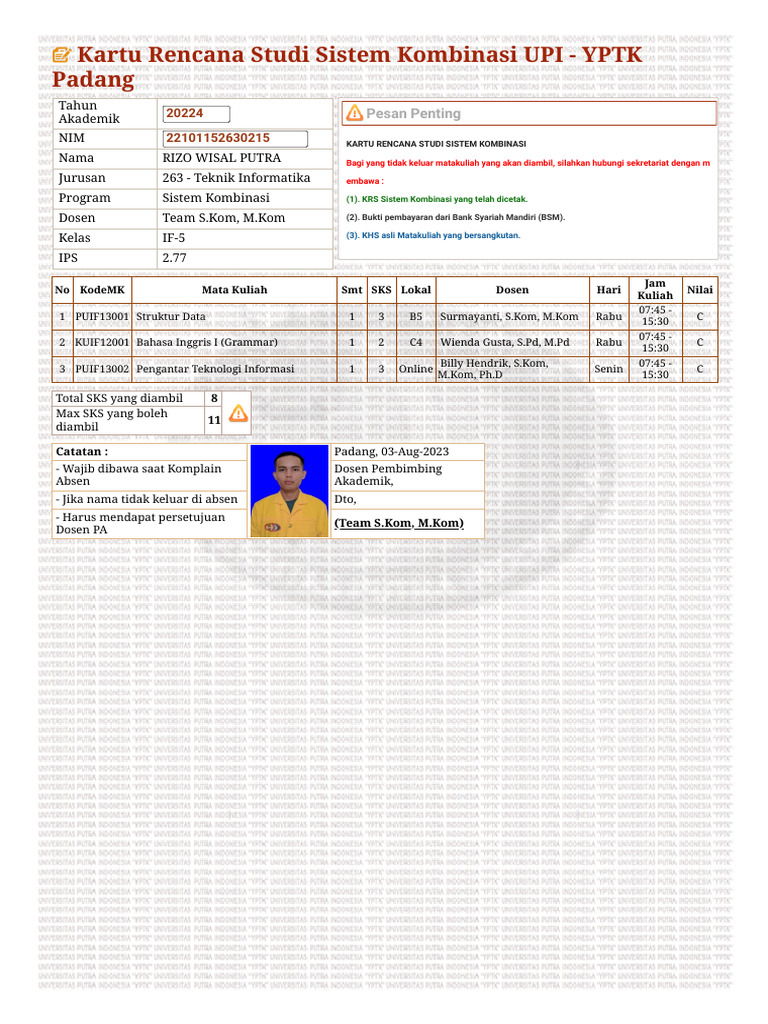 Print Kartu Rencana Studi (KRS) Sistem Kombinasi Mahasiswa | PDF