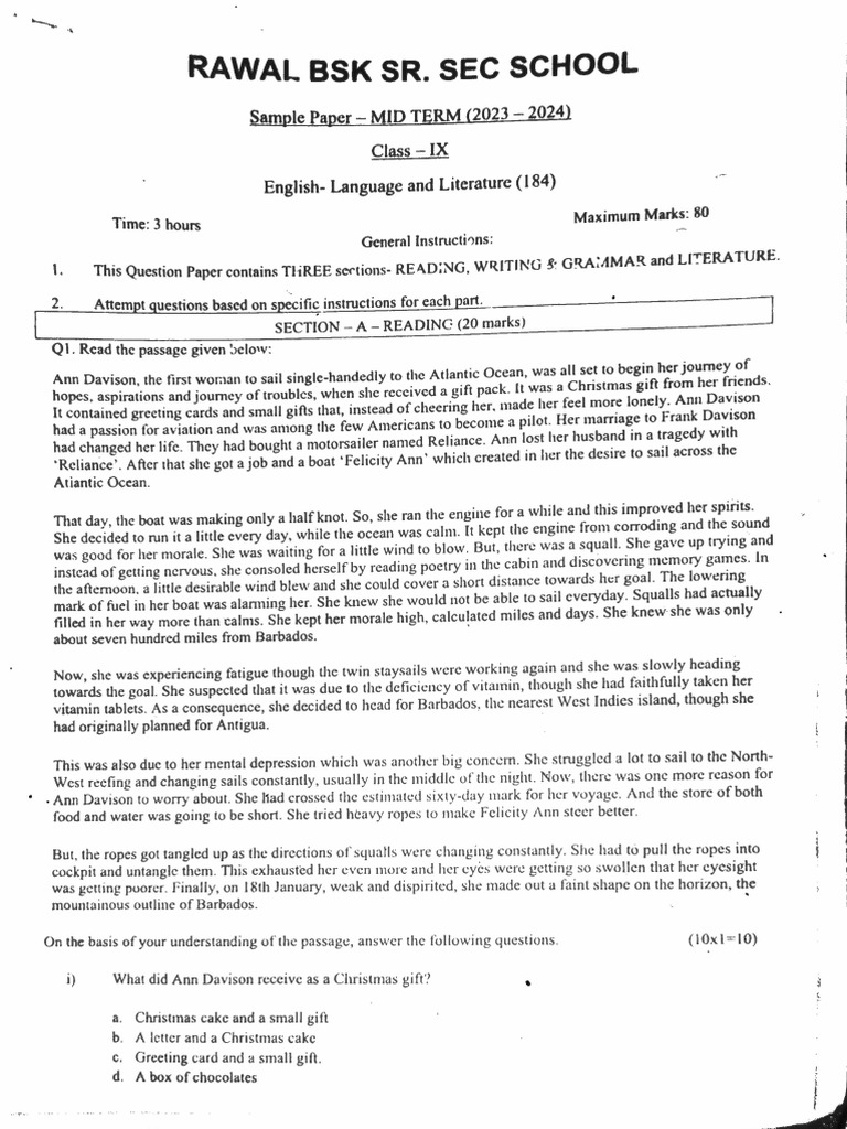 9 English Sample Paper | PDF