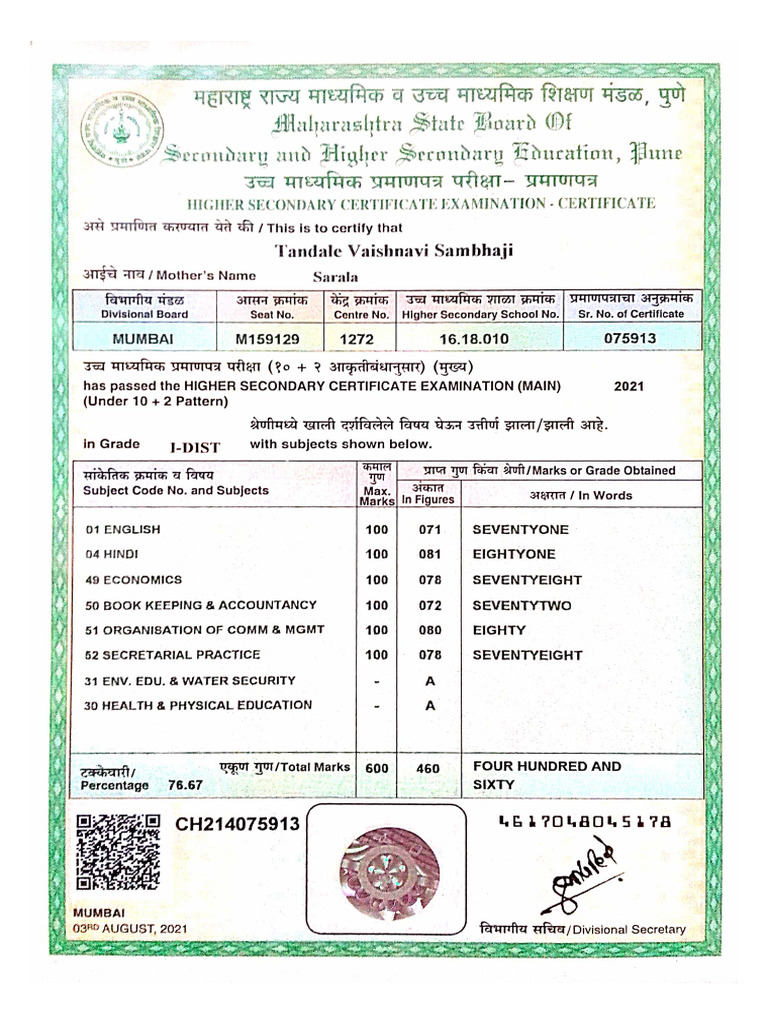 12 TH Marksheet | PDF