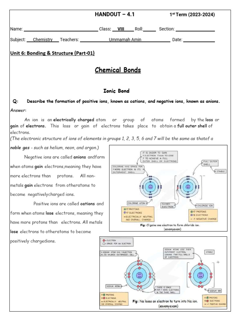 VIII-Chemistry-HO-4.1-Bonding Lecture Part 1 | PDF | Ion | Ionic Bonding