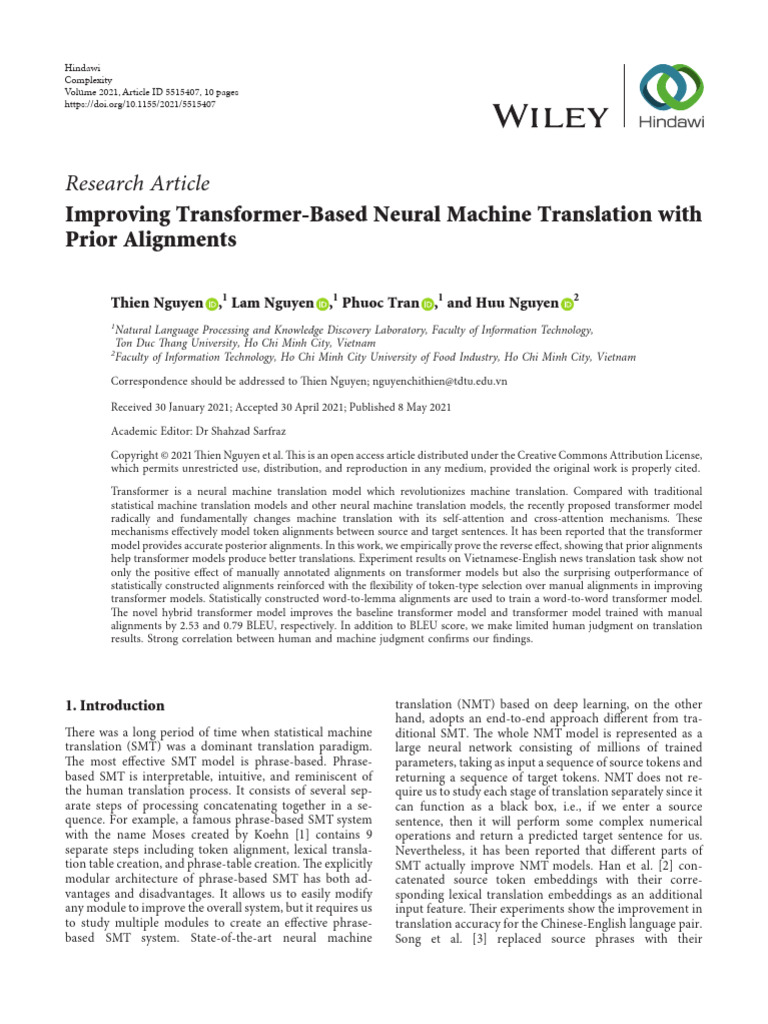 Research Article: Improving Transformer-Based Neural Machine Translation With Prior Alignments ...