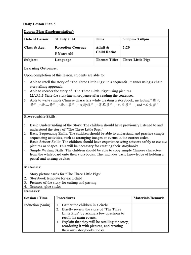 Three Little Pigs Lesson Plan | PDF | Children's Literature | Lesson Plan