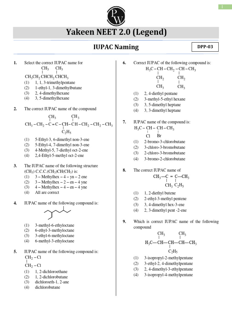 IUPAC Naming - DPP 03 - Yakeen 2.0 2024 (Legend) | PDF | Hydrocarbons