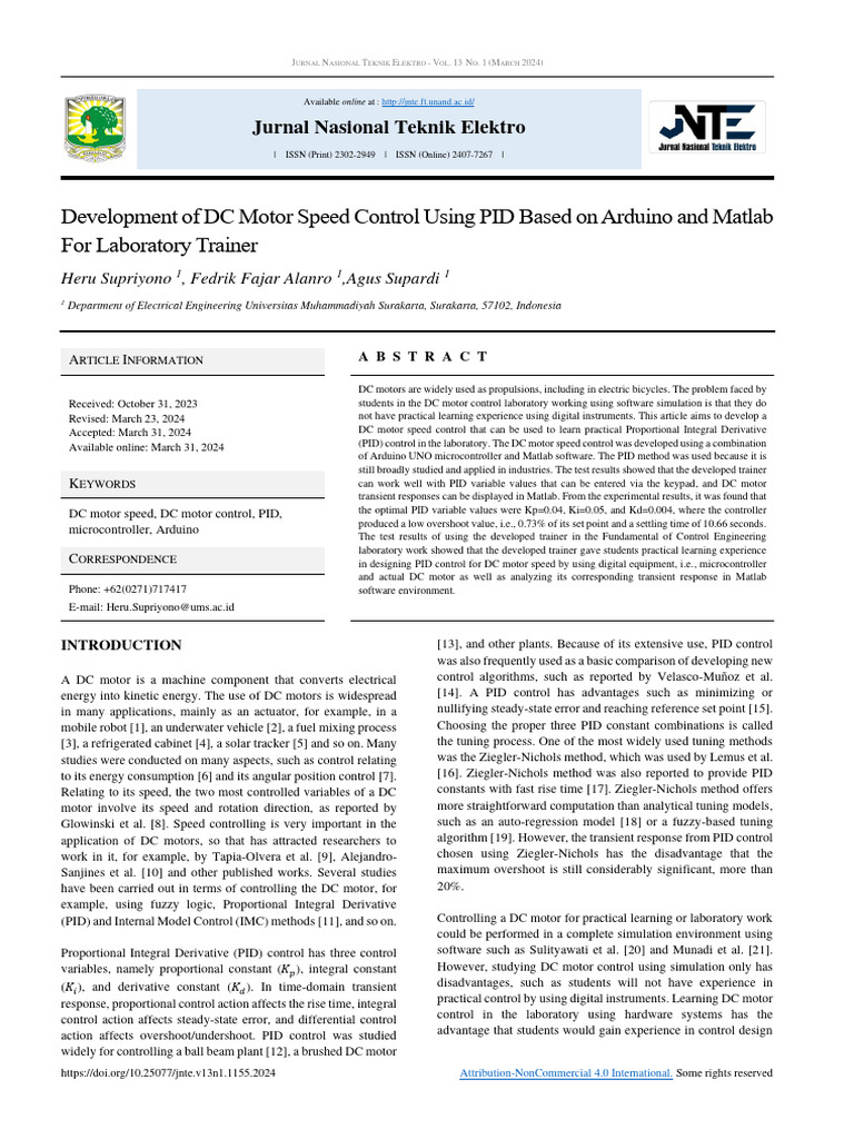 Development Of Dc Motor Speed Control Using Pid Ba Pdf Electrical Engineering